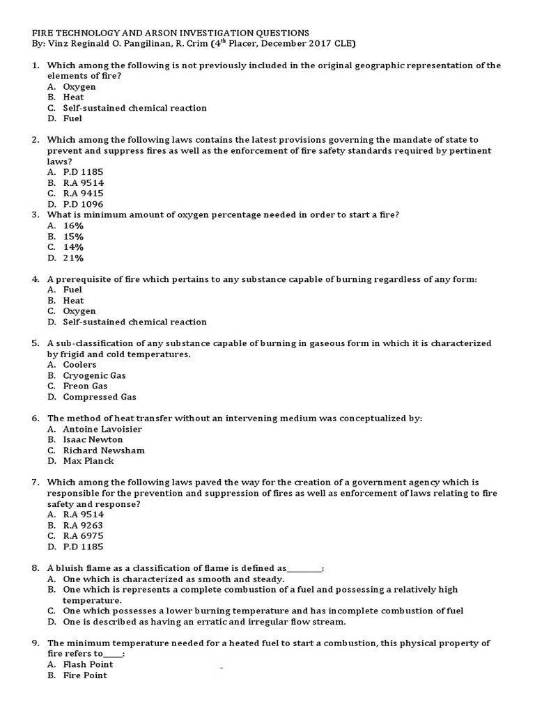 FIRE TECHNOLOGY AND ARSON INVESTIGATION QUESTIONS For CBRC NAGA | PDF ...