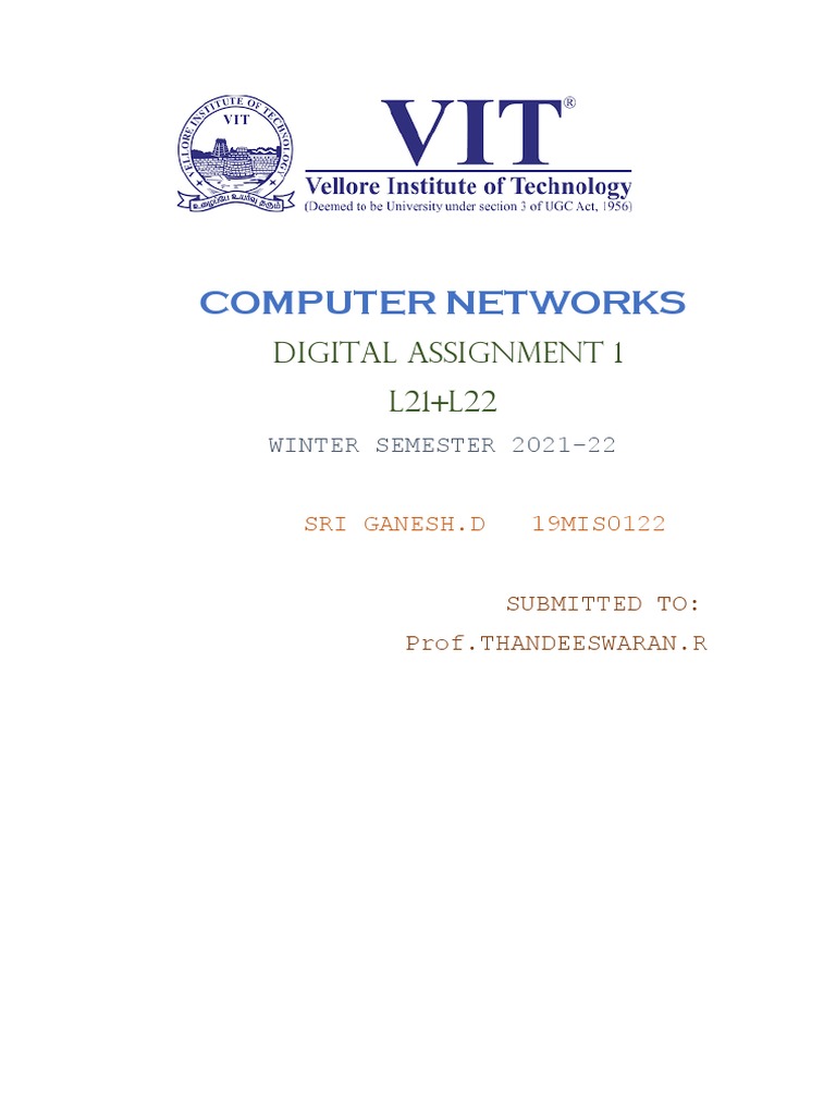 Computer Networks: Digital Assignment 1 L21+L22 | PDF | Computer Network | Computer Architecture