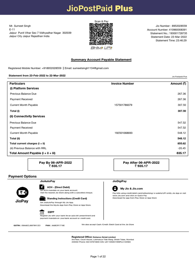 Summary Account Payable Statement: Jiopay | PDF | Debit Card | Credit Card