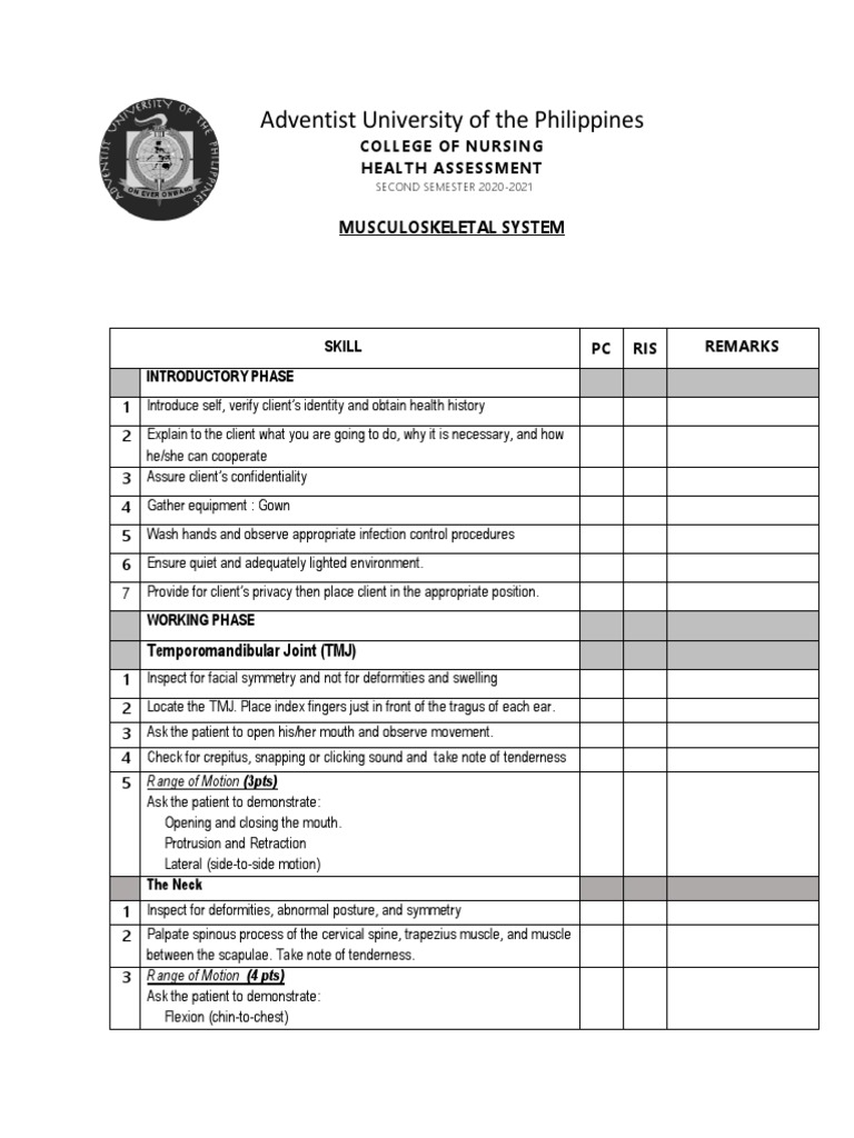 Musculoskeletal Checklist | PDF | Anatomical Terms Of Motion | Hand