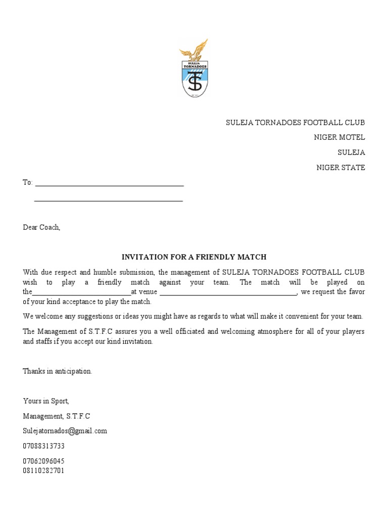 SULEJA TORNADOES FOOTBALL CLUB Match Letter | PDF
