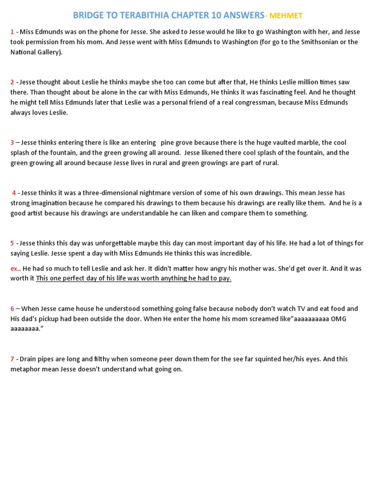 Bridge To Terabithia Chapter 10 Answers | PDF