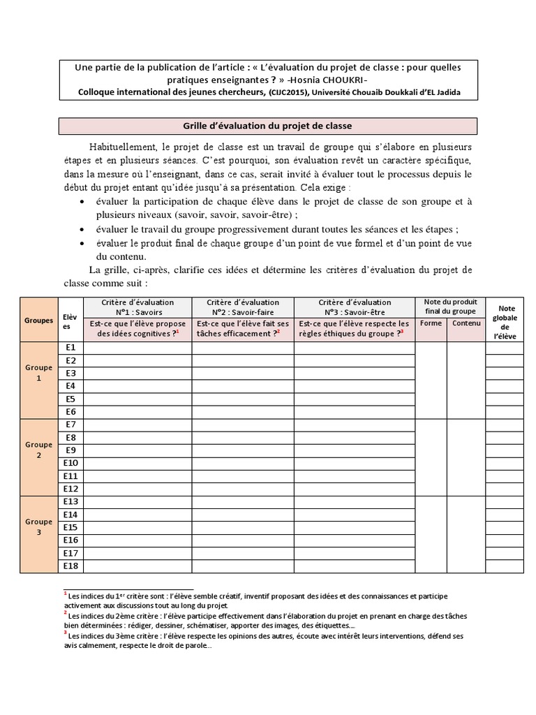 Grille D'évaluation Du Projet de Classe 1 | PDF | Cognition