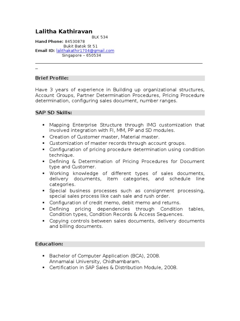 Sap SD Resume | PDF | Business Process | Sap Se