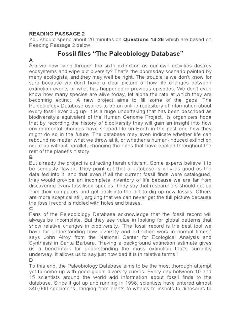 Fossil Files "The Paleobiology Database": Reading Passage 2 | PDF | Biodiversity | Extinction