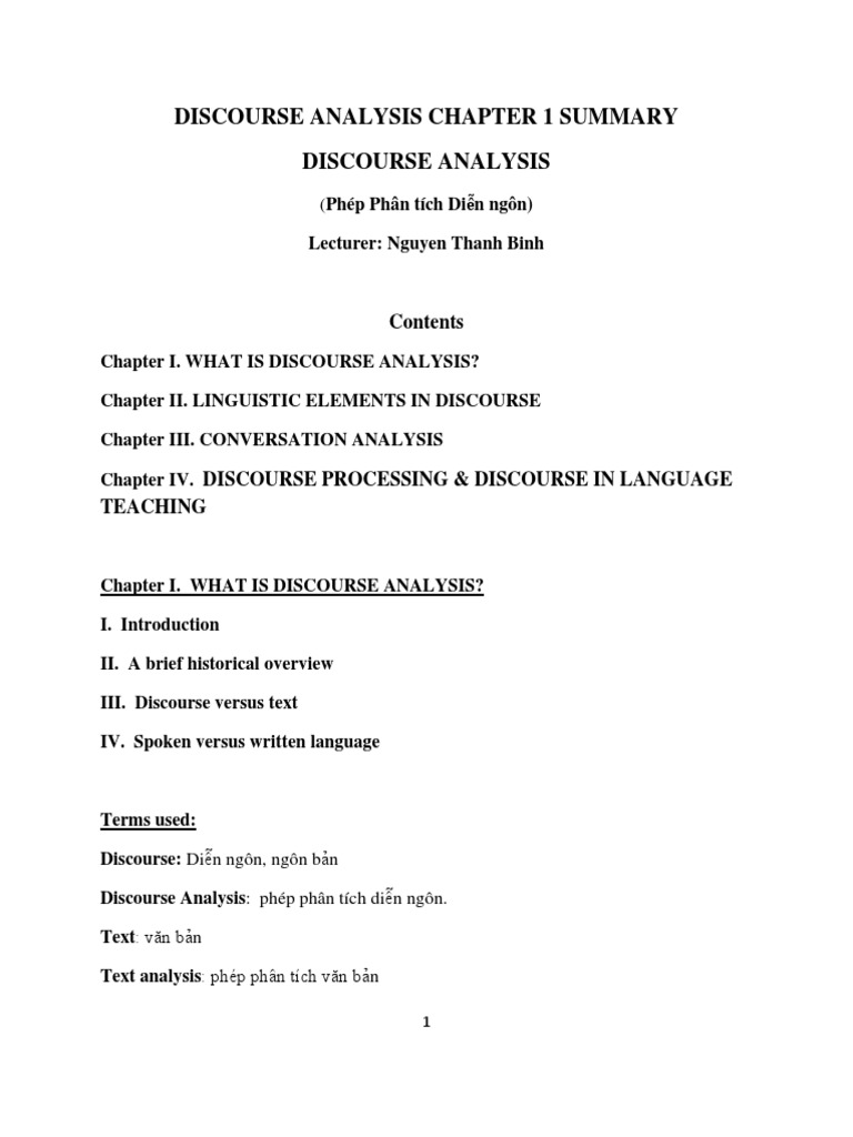 Discourse Analysis Chapter 1 Summary Discourse Analysis: (Phép Phân tích Diễn ngôn) | PDF ...