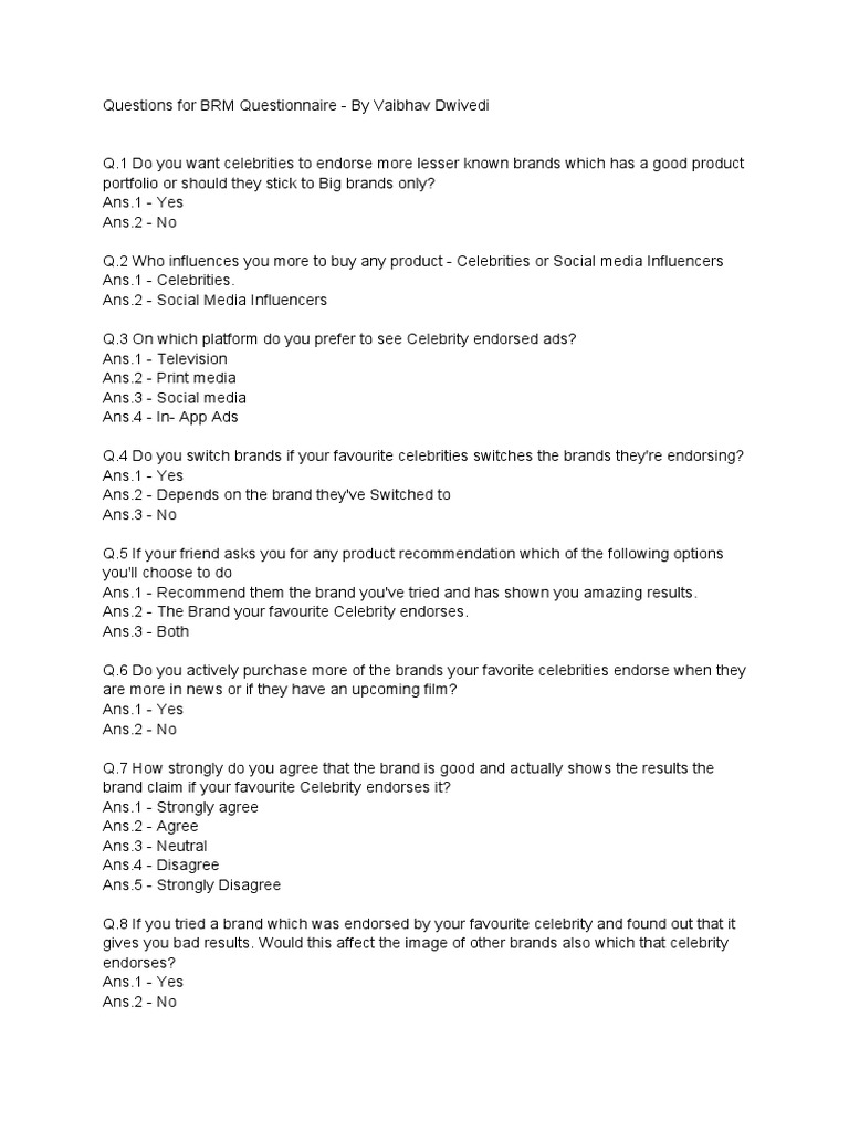 BRM Questionnaire - Vaibhav D | PDF