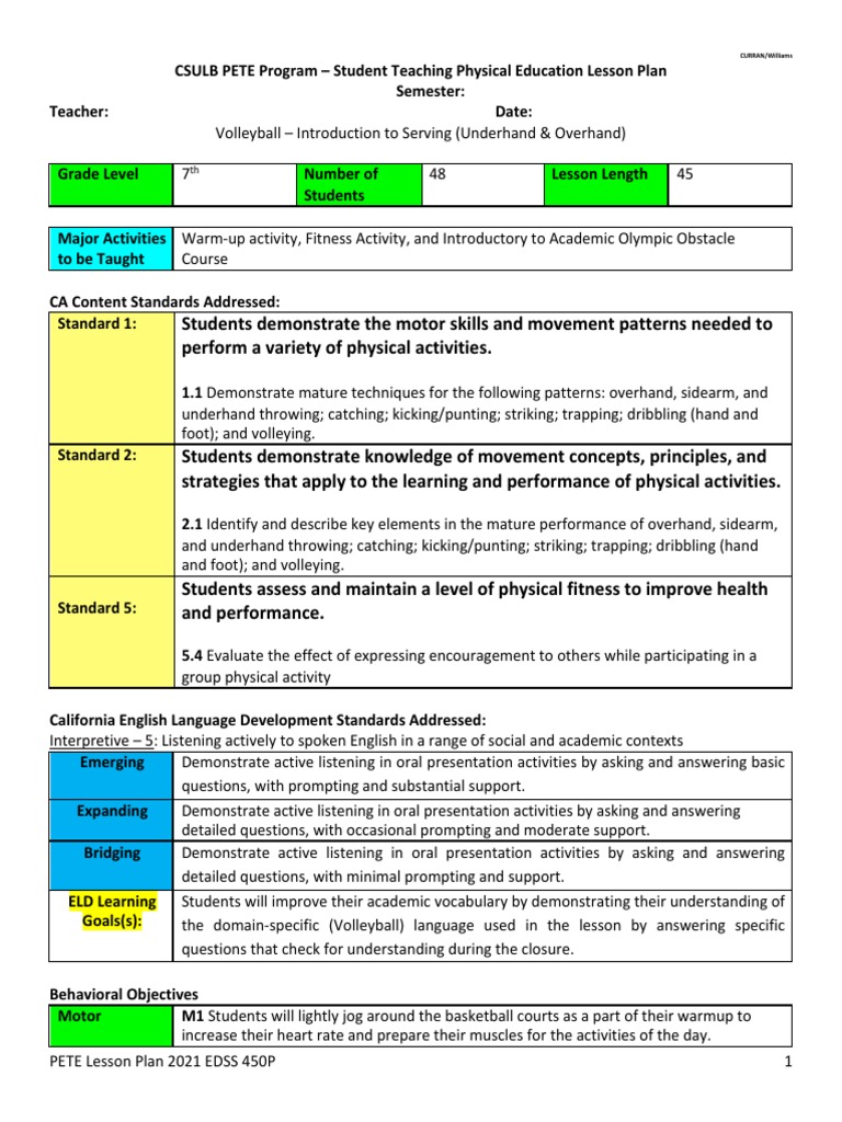 Volleyball - Serving Lesson Plan | PDF | Lesson Plan | Learning