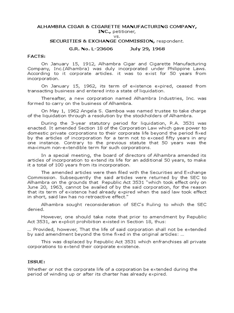ALHAMBRA CIGAR Vs SEC | PDF | Corporations | Corporate Law