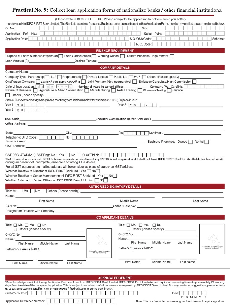 Practical No. 9: Collect Loan Application Forms of Nationalize Banks ...
