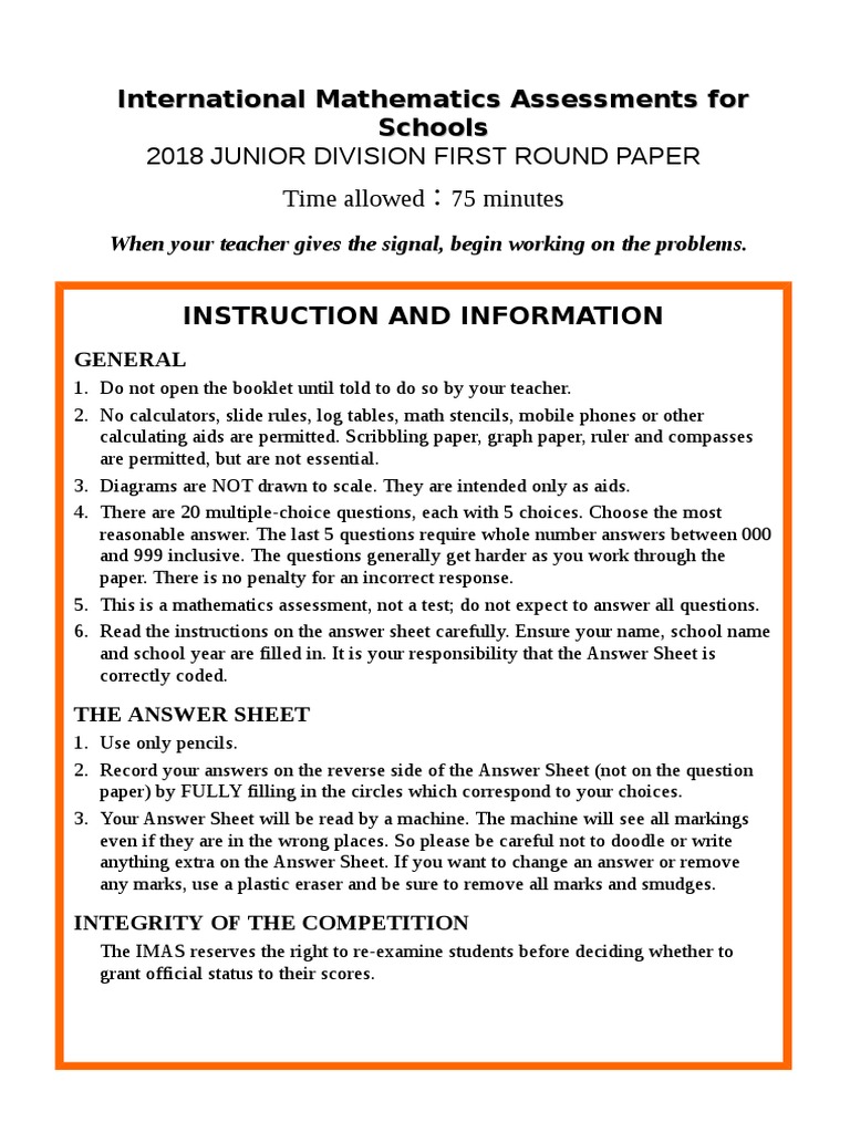 International Mathematics Assessments For Schools 2018 JUNIOR DIVISION ...