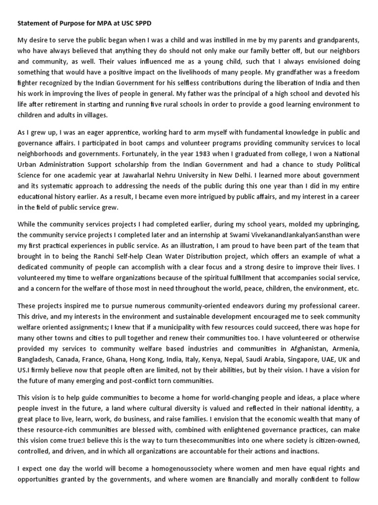 Statement of Purpose For MPA at USC SPPD | PDF | Leadership | Public ...