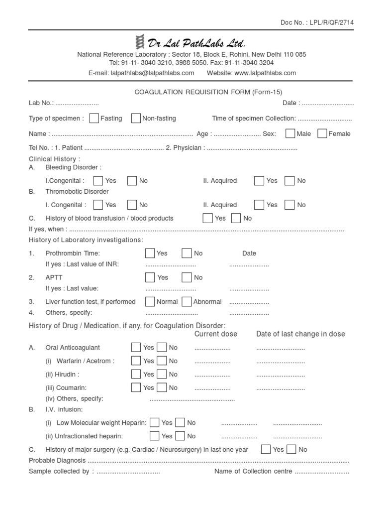 DR Lal Pathlabs LTD.: Coagulation Requisition Form (Form-15) | PDF ...