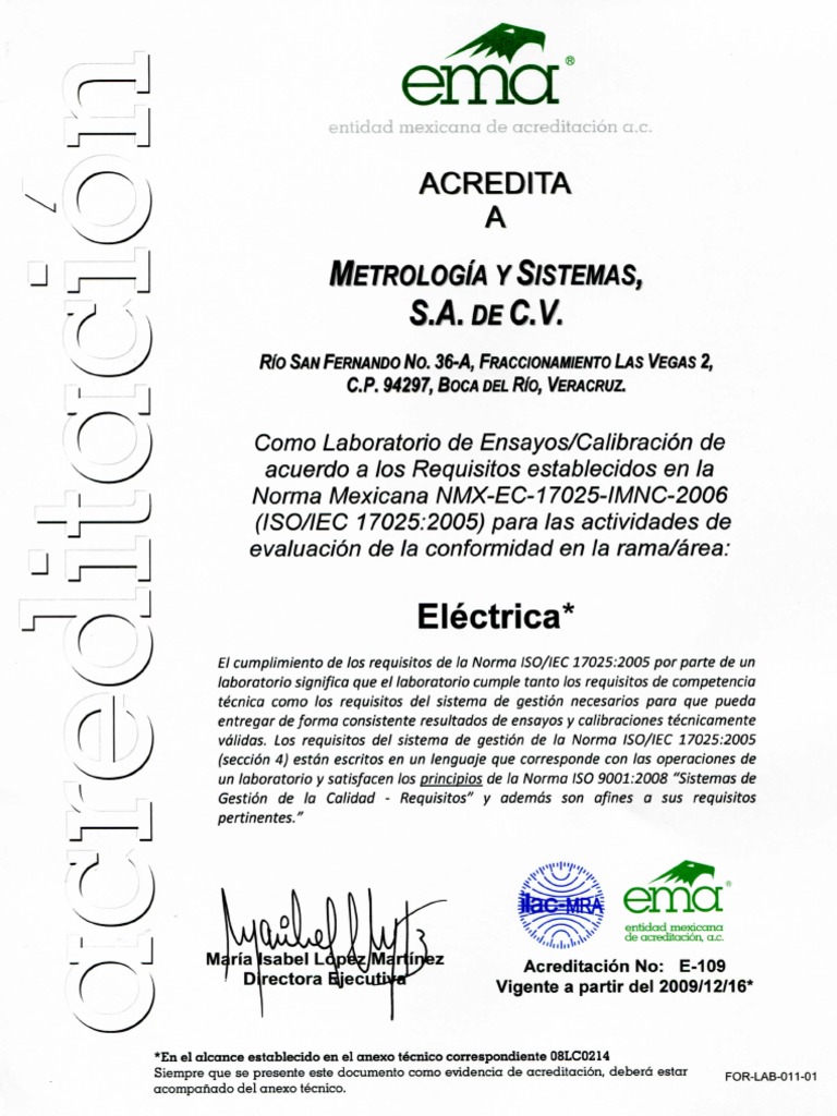 Acreditamiento EMA ELECTRICA | PDF | Laboratorios | Calibración