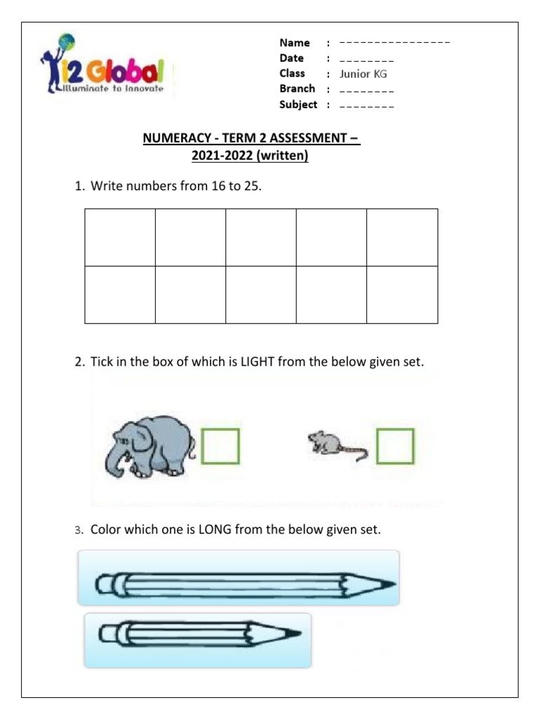 Junior KG - Numeracy - Written - Term 2 | PDF