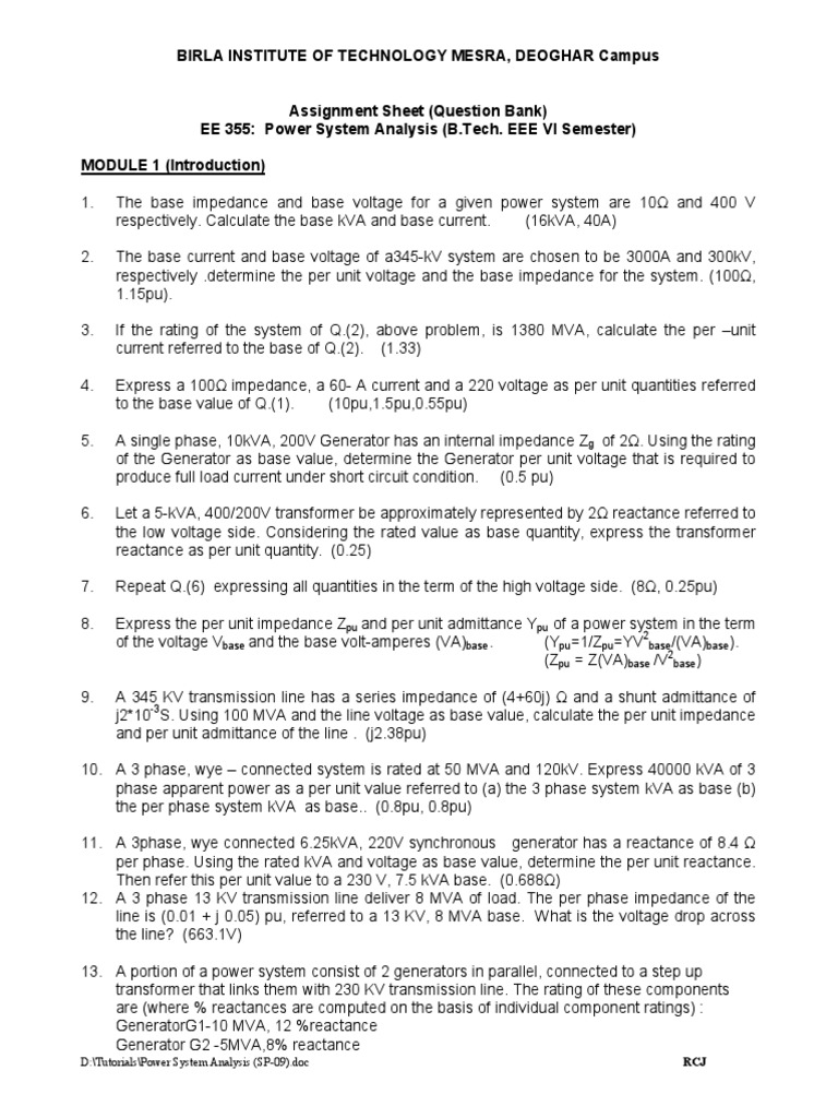 Power System Analysis Assignment Questions | PDF | Transformer | Electrical Impedance