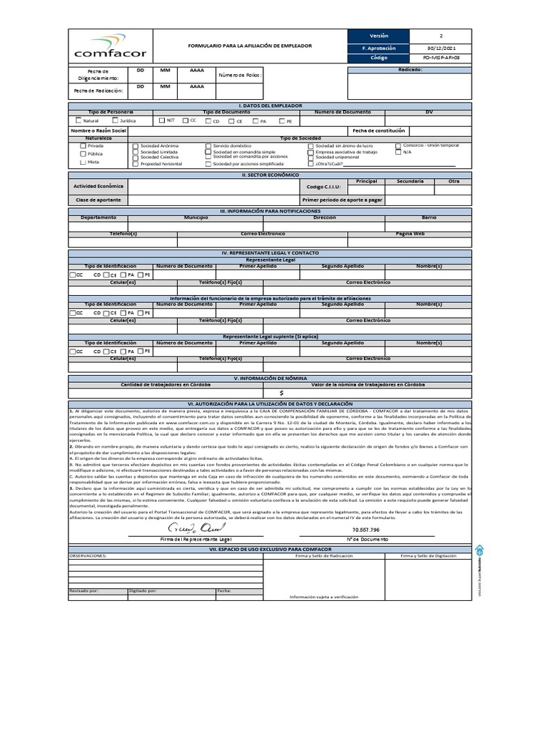 FO-MISF-AFI-03 Formulario para La Afiliación de Empleador - V2 | PDF FO-MISF-AFI-03 Formulario para La Afiliación de Empleador - V2 | PDF