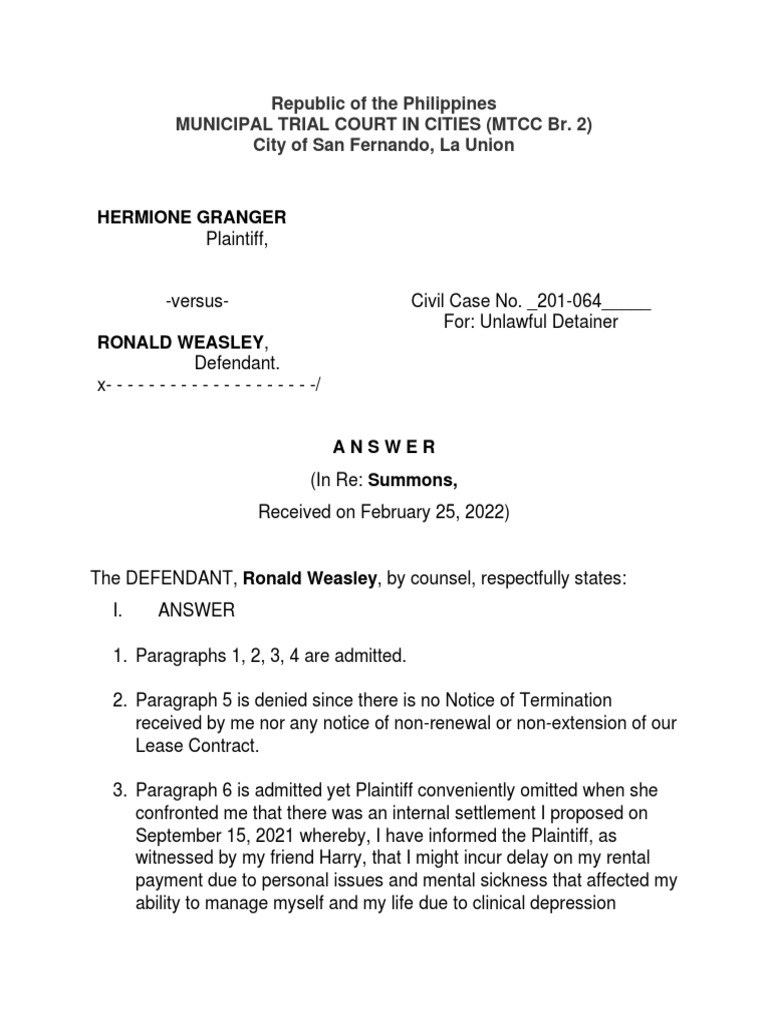 Civpro - Answer | PDF | Lawsuit | Justice