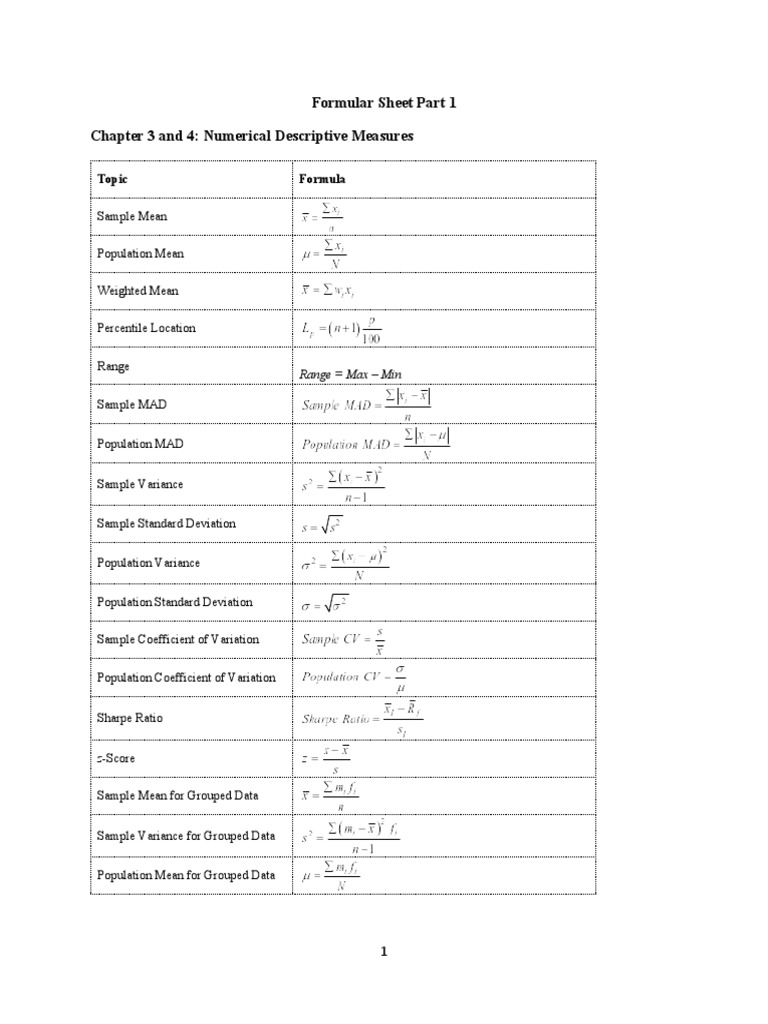 Formular Sheet Part 1 Chapter 3 and 4: Numerical Descriptive Measures | PDF | Probability ...