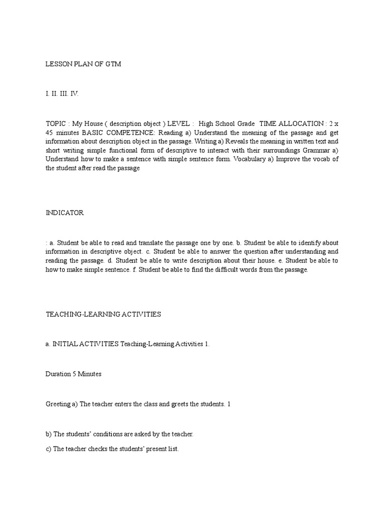 Lesson Plan Using GTM Method | PDF | Vocabulary | Teachers