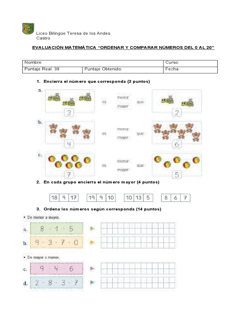 Evaluación Matemática Comparar y Ordenar Números Del 0 Al 20 | PDF