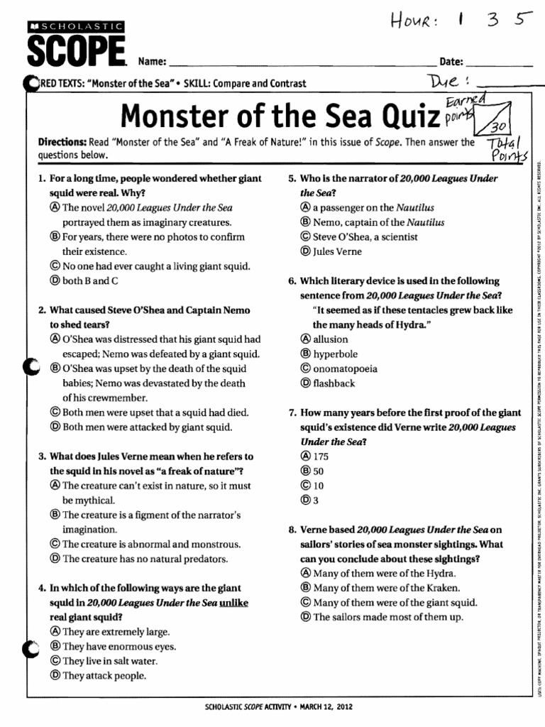 Monster of The Sea Quiz: Scope | PDF | Social Science | Young Adult