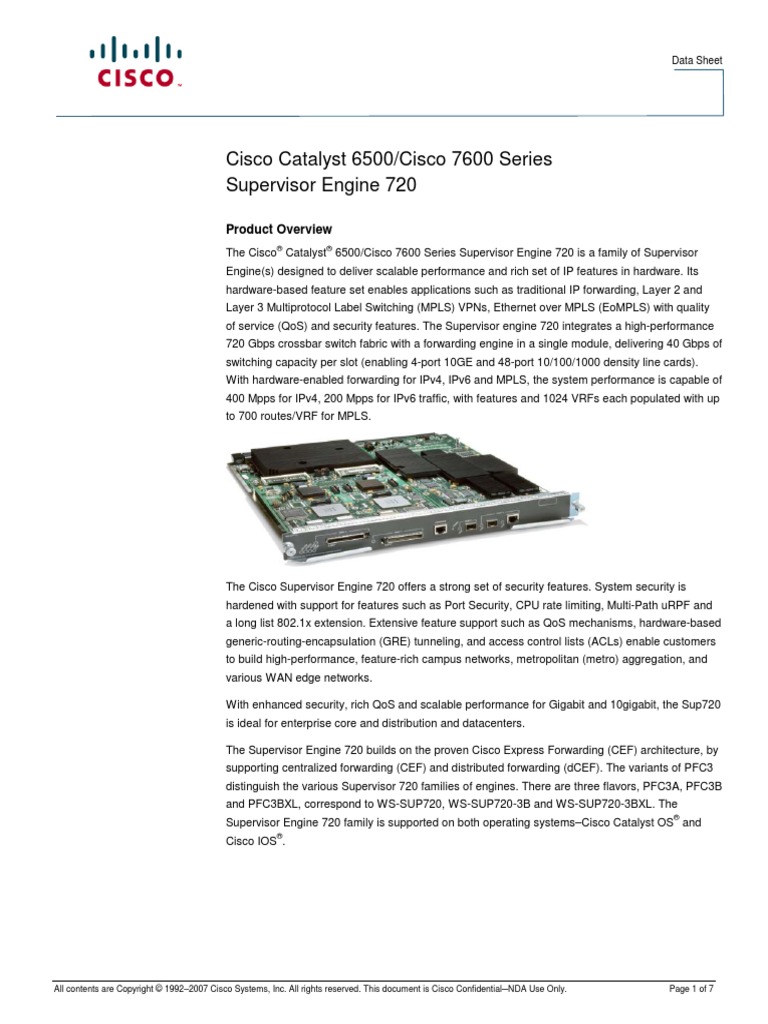 Cisco Catalyst 6500/cisco 7600 Series Supervisor Engine 720: Product ...