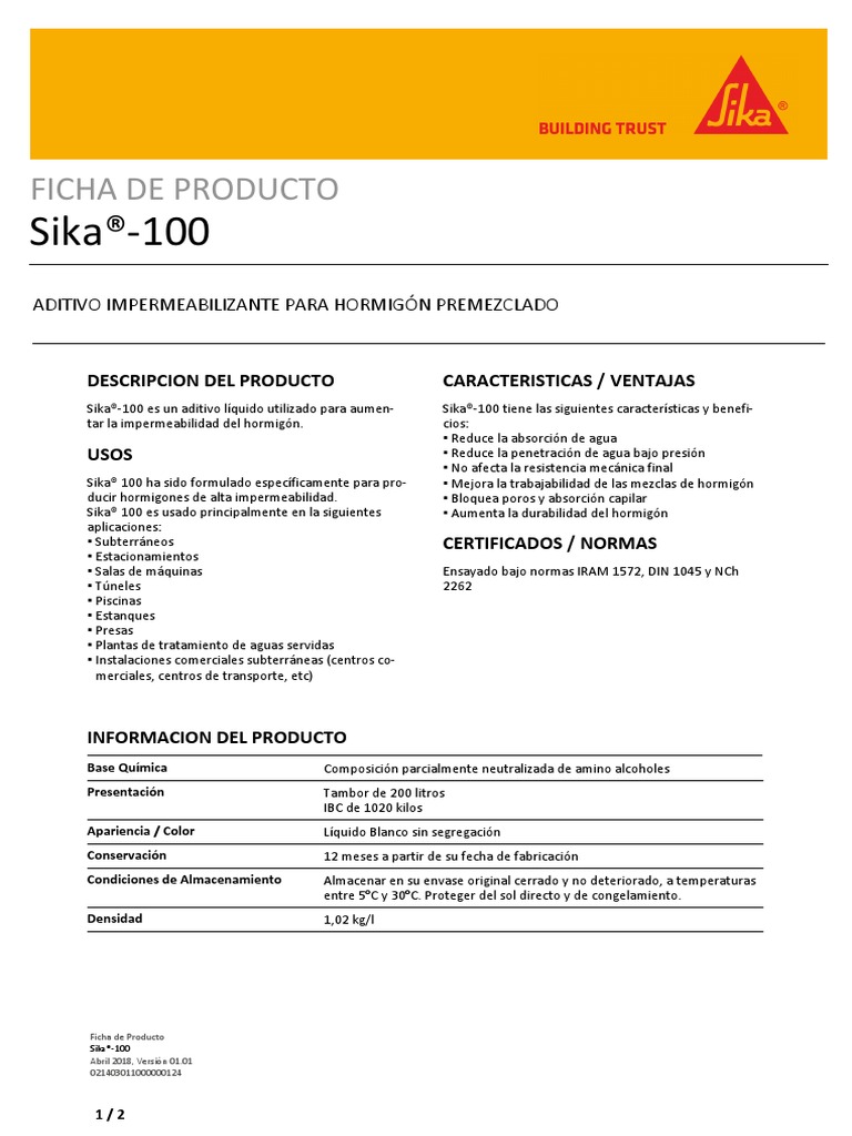 Sika - 100 | Descargar gratis PDF | Hormigón | Agua