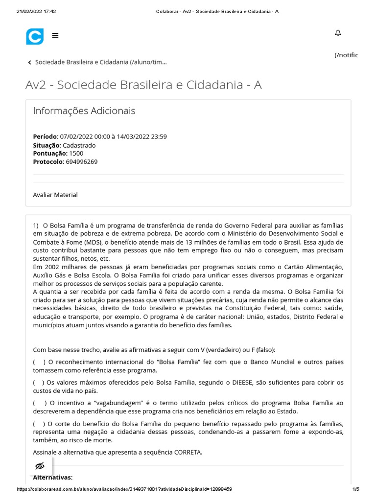 Atividade - Av2 - Sociedade Brasileira e Cidadania - A | PDF