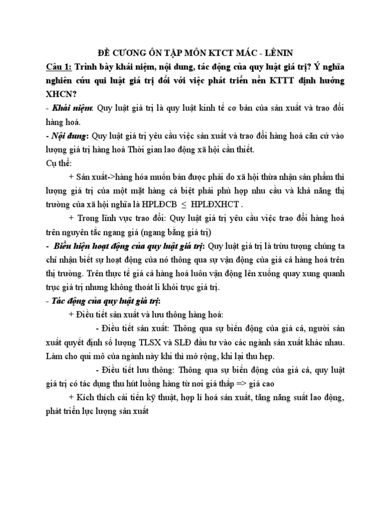 ĐỀ CƯƠNG ÔN TẬP MÔN KTCT MÁC | PDF