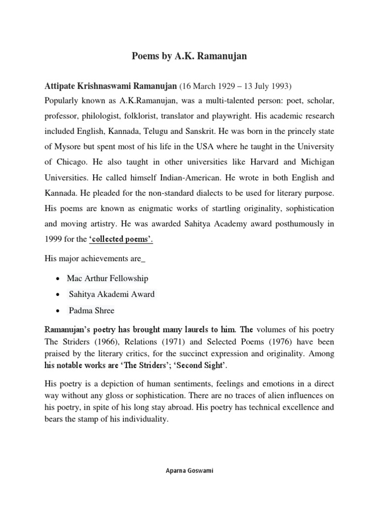 Poems by A.k.ramanujan | PDF