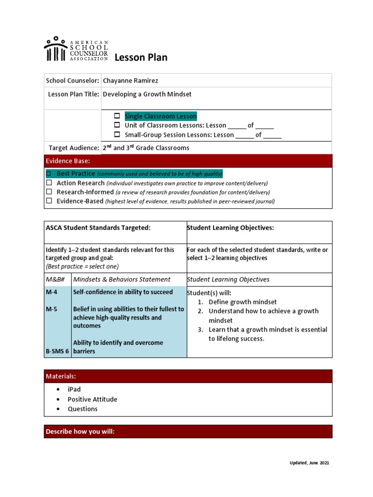 CSP 621 Growth Mindset Lesson Plan | PDF | School Counselor | Mindset