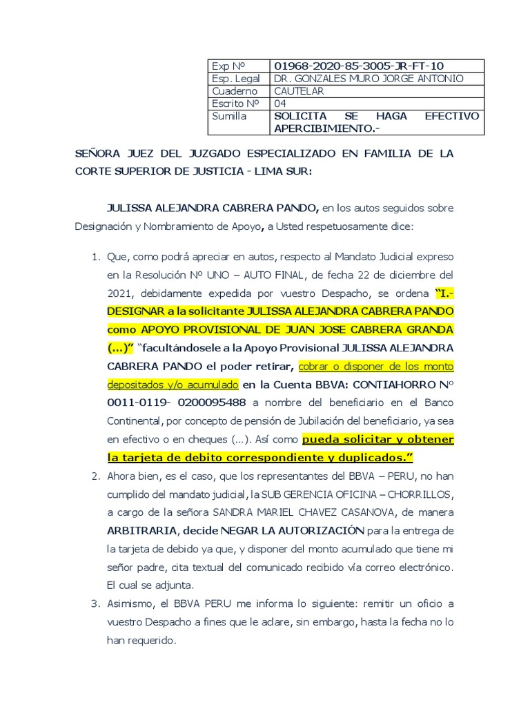 01-04-22 Escrito Solicita Apercibimiento - Julissa Cabrera | PDF ...