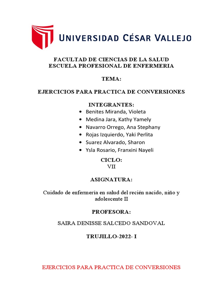 Ejercicios para Practica de Conversiones | PDF | Cuidado de la salud | Enfermería