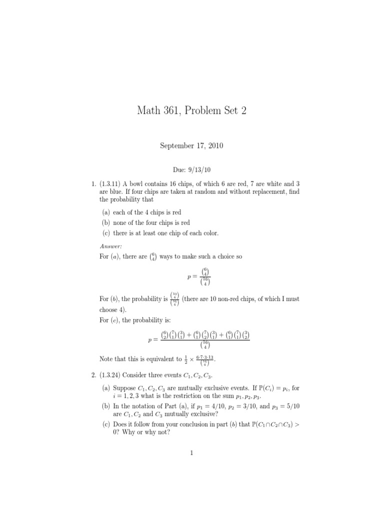 Math 361 Problem Set 2 | PDF | Probability | Mathematics