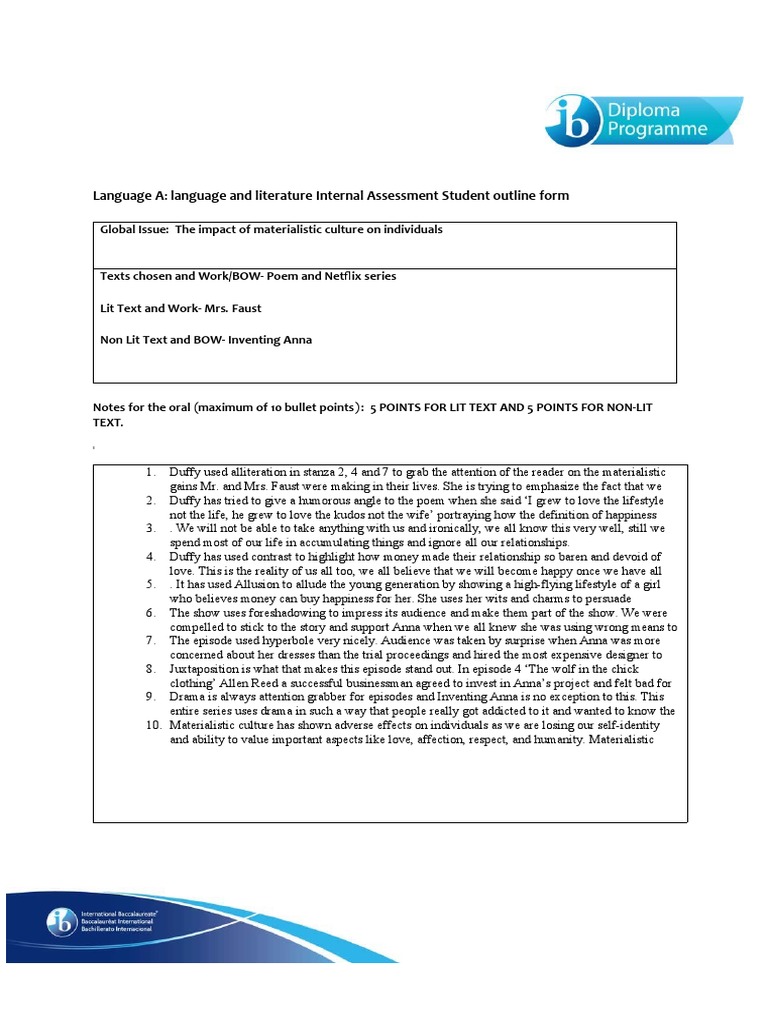 Language A: Language and Literature Internal Assessment Student Outline ...
