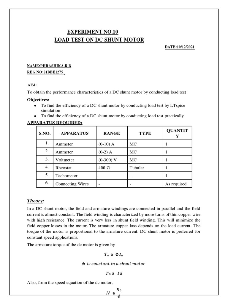 Experiment - No.10 Load Test On DC Shunt Motor: DATE:10/12/2021 | PDF ...