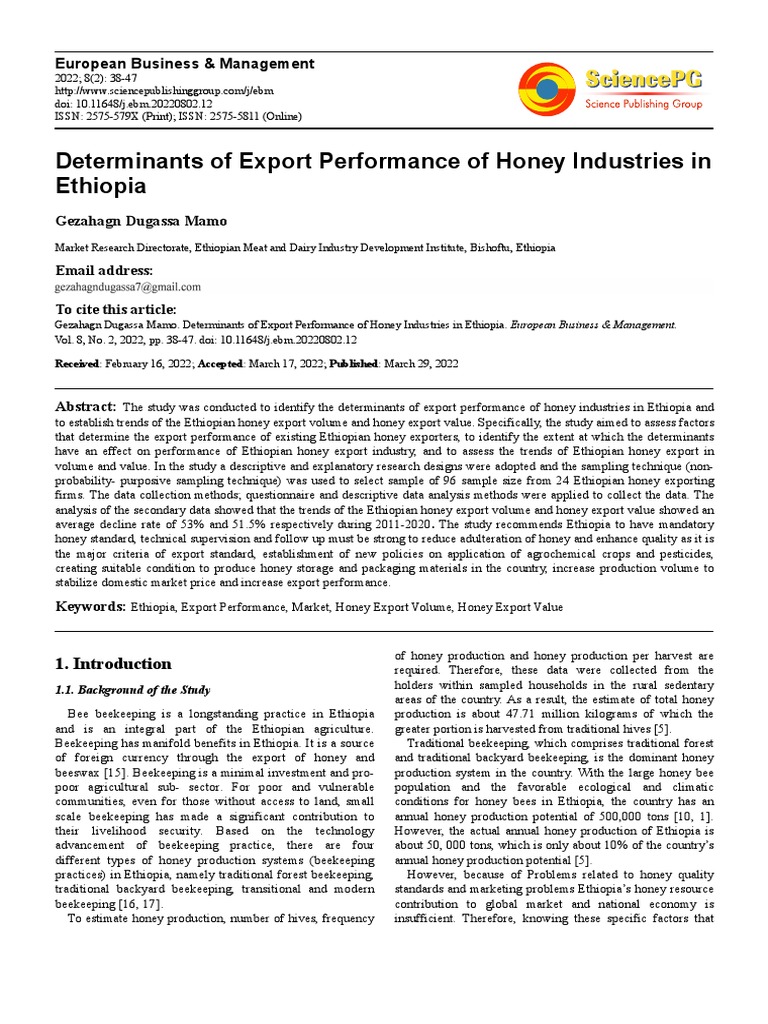 Determinants of Export Performance of Honey Industries in Ethiopia ...