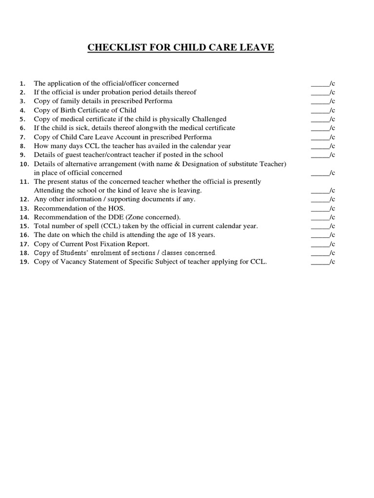 Checklist For Child Care Leave | PDF