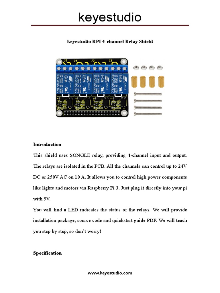 KS0212 Keyestudio RPI 4-Channel Relay Shield | PDF | Relay | Electrical ...