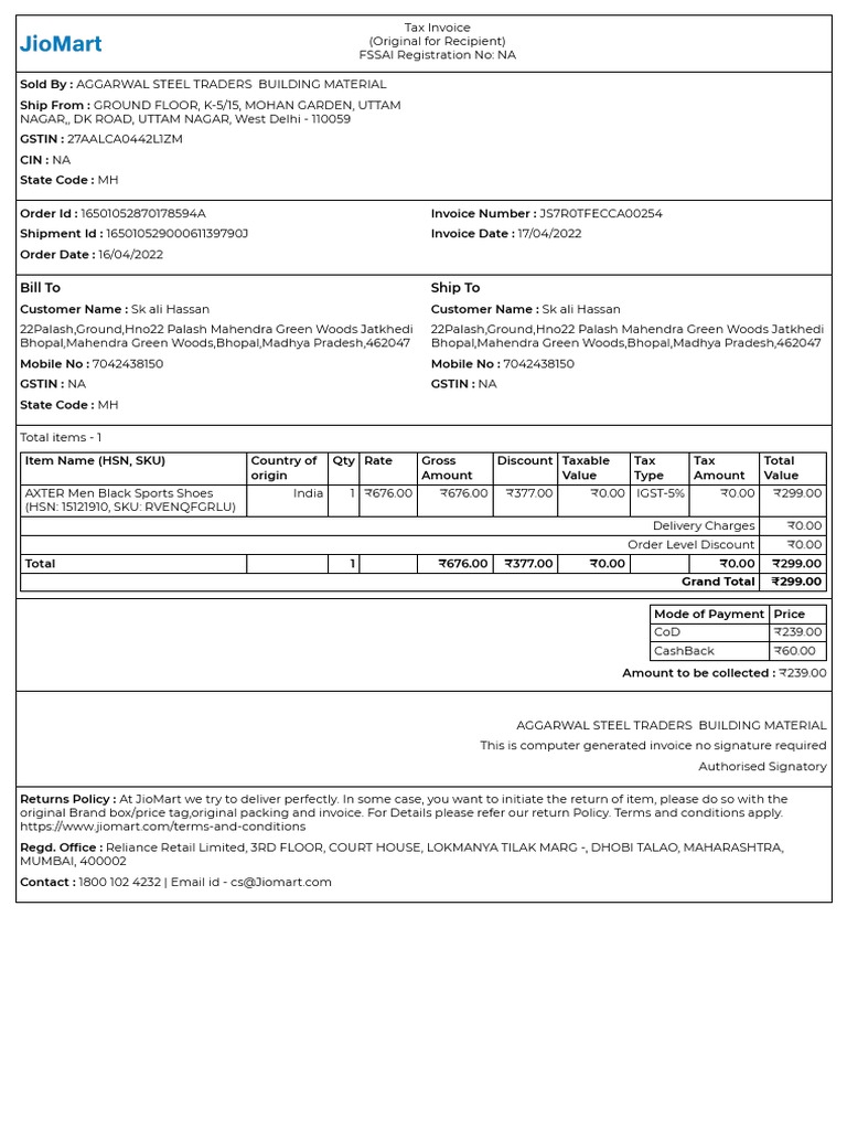JioMart Invoice 16501052870178594A 1 | PDF | Payments | Economies
