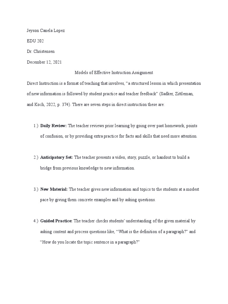 Edu 202 Model of Effective Instruction Lesson Plan | PDF