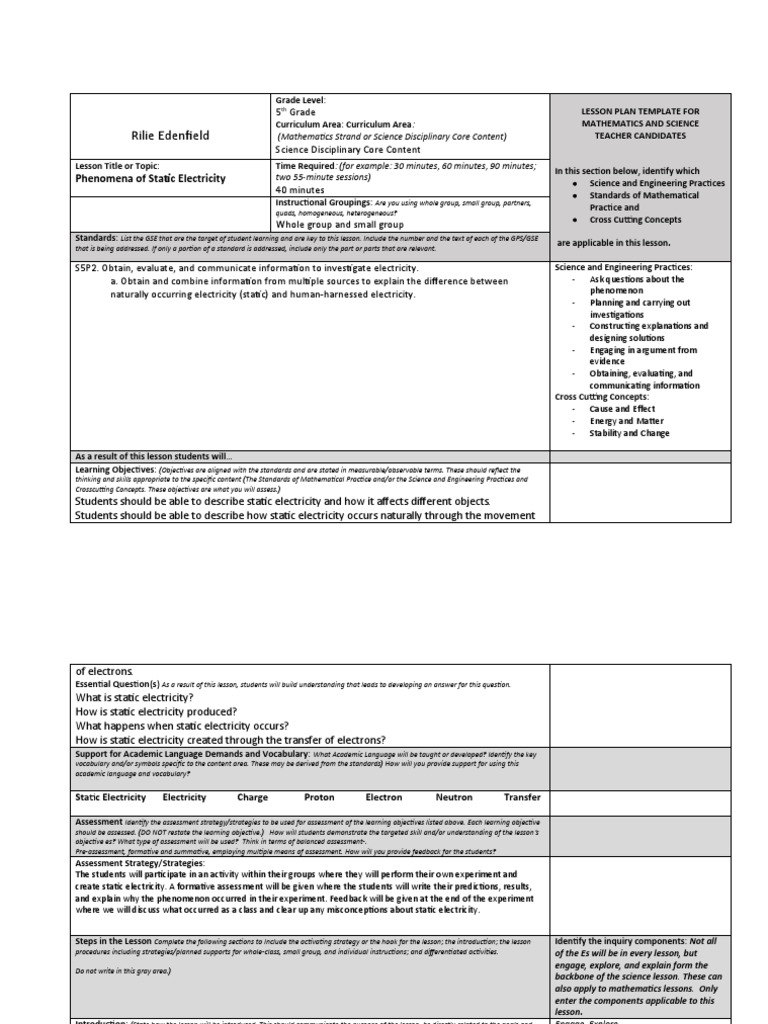 Static Electricity Lesson Plan | PDF | Learning | Science