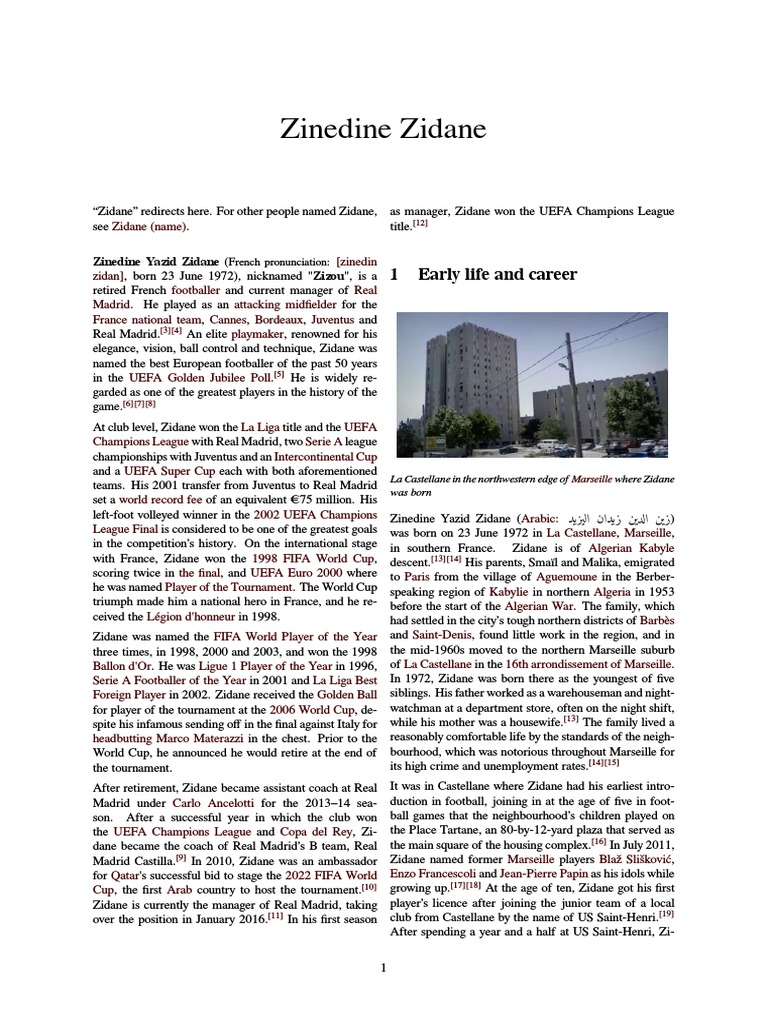 Zinedine Zidane: 1 Early Life and Career | PDF | Association Football ...