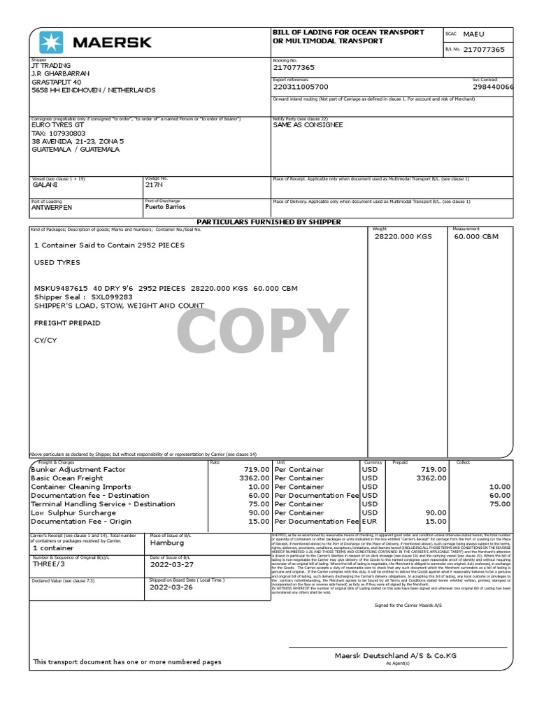 Ocean Freight Bill of Lading | PDF | Bill Of Lading | Cargo