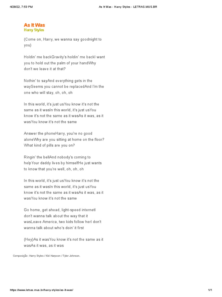 As It Was - Harry Styles | PDF