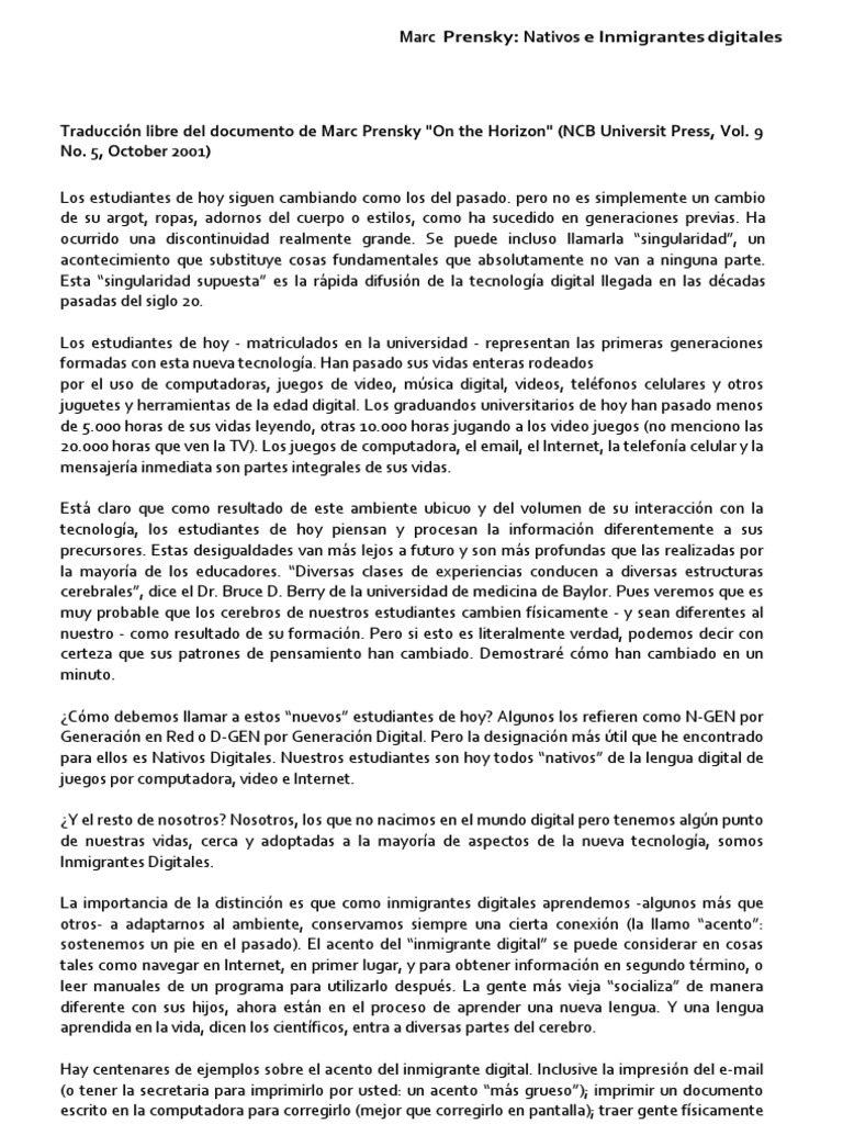 Prensky 2001 | PDF | Internet | Aprendizaje