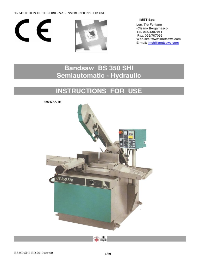 Bandsaw BS 350 SHI Semiautomatic - Hydraulic Instructions For Use | PDF ...