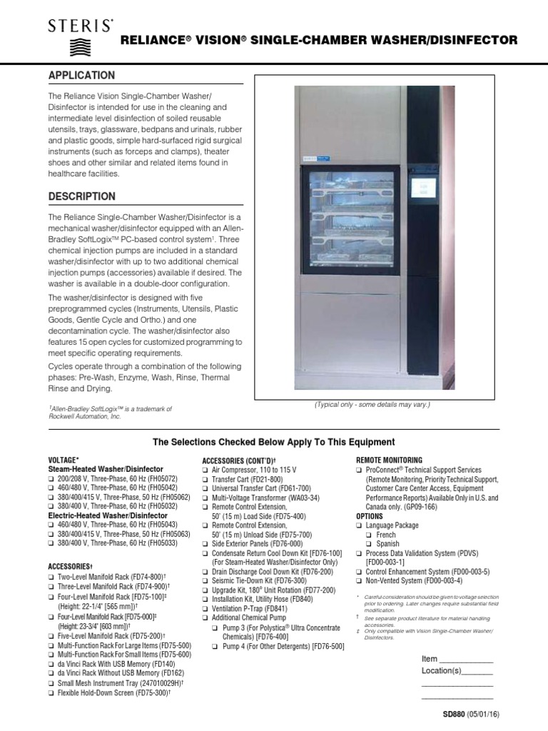 Reliance Vision Single-Chamber Washer/Disinfector: Application | PDF ...