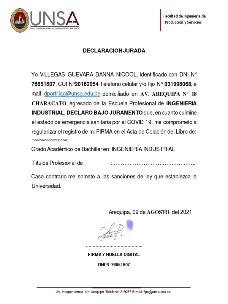 Declaracion Jurada - Danna Villegas | PDF